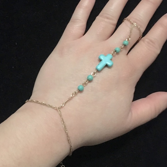 Jewelry | Gold Turquoise Cross Finger Ring Bracelet Hand Chain | Poshmark